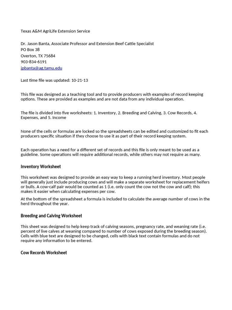 Beef Cattle Record Keeping Worksheets | PDF | Cattle | Spreadsheet