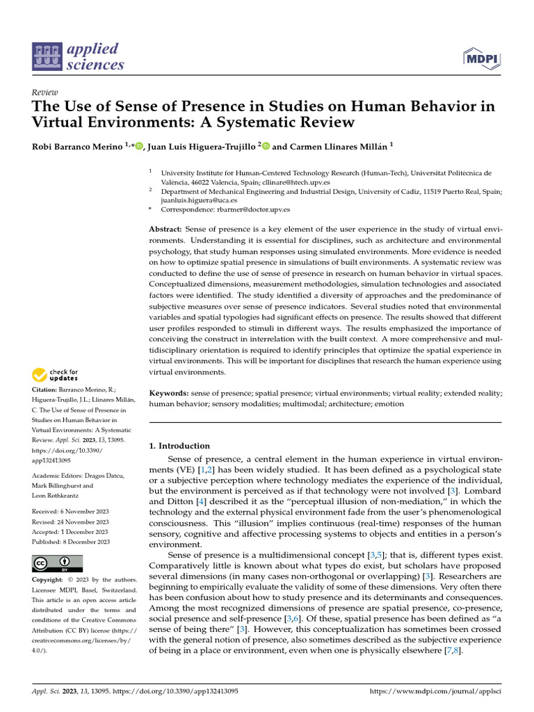 The Use of Sense of Presence in Studies On Human Behavior | PDF ...