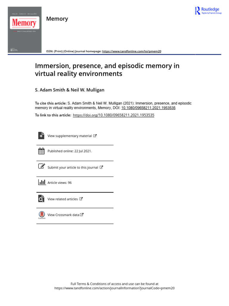 Immersion, Presence, and Episodic Memory in | PDF | Virtual Reality ...