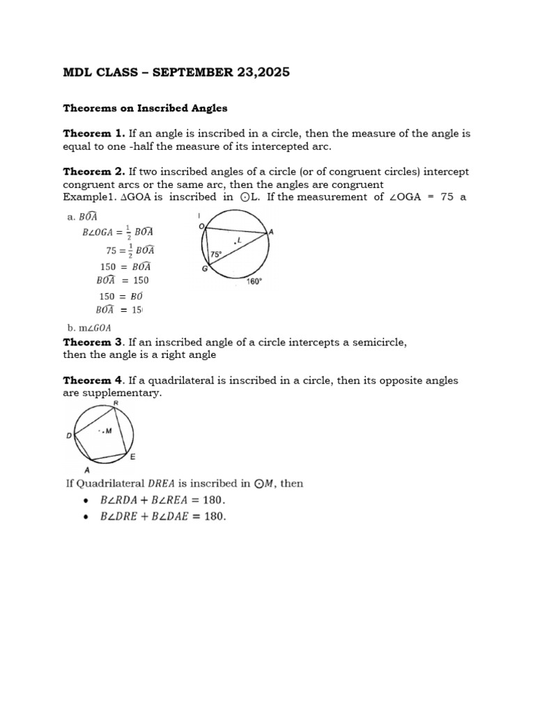 Mdl Class Jseptember 23 Theorems on Inscribed Angle | PDF