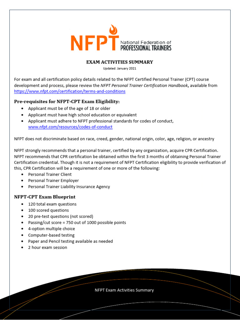 NFPT-CPT Exam Activities Overview | PDF | Personal Trainer | Certification