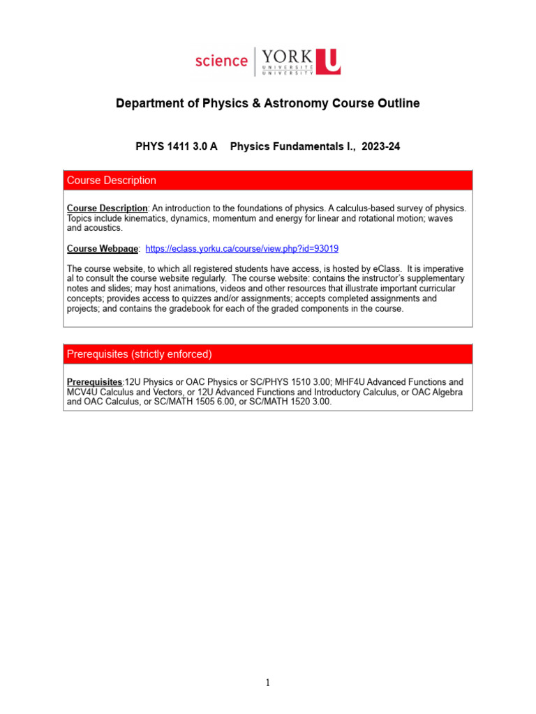 PHYS 1411 Course Outline: Physics I 2023-24 | PDF | Momentum | Newton's ...