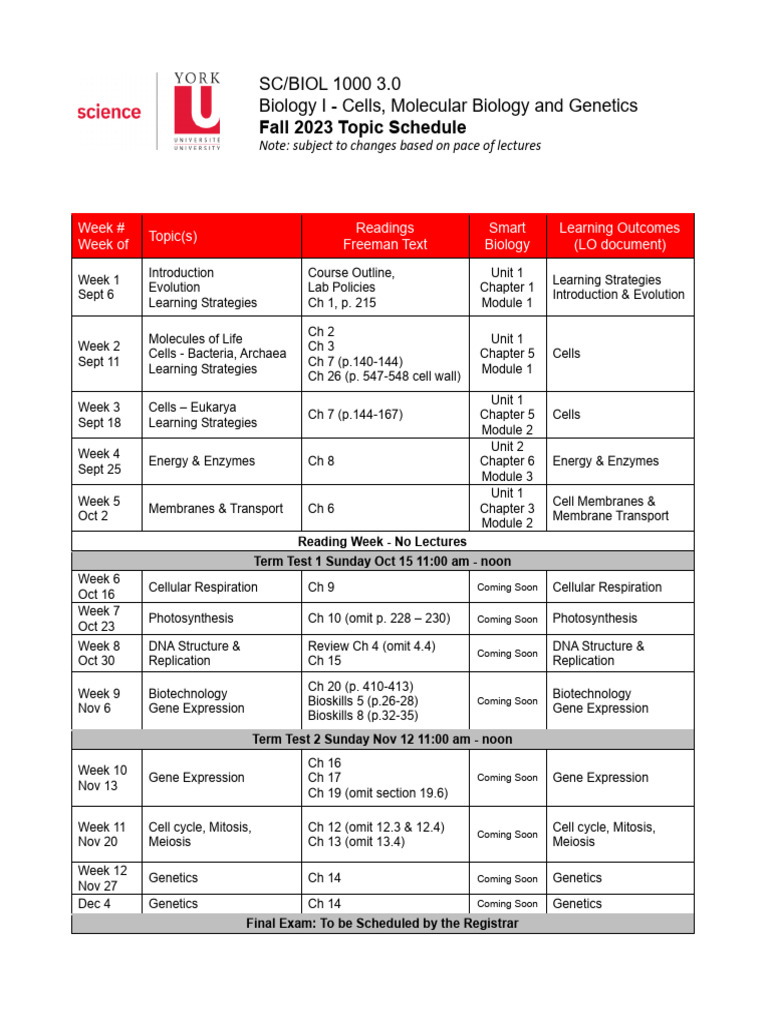 Biology I Fall 2023 Topic Schedule | PDF | Cell (Biology) | Biology