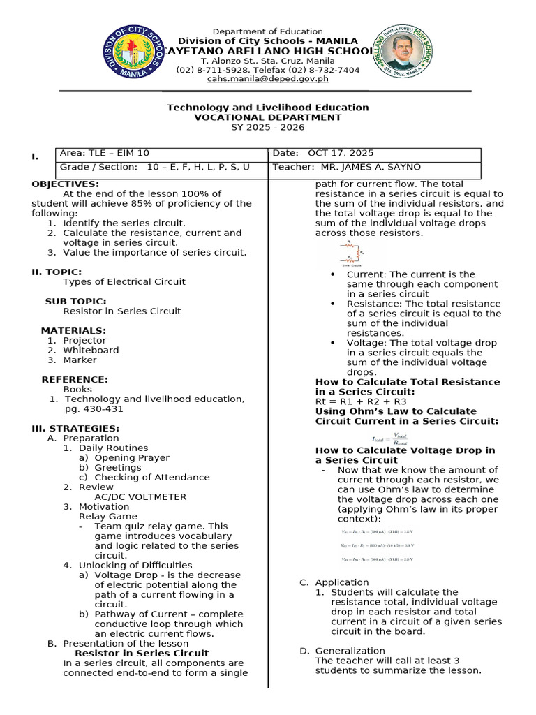Series Circuit Education Plan for TLE | PDF | Series And Parallel ...
