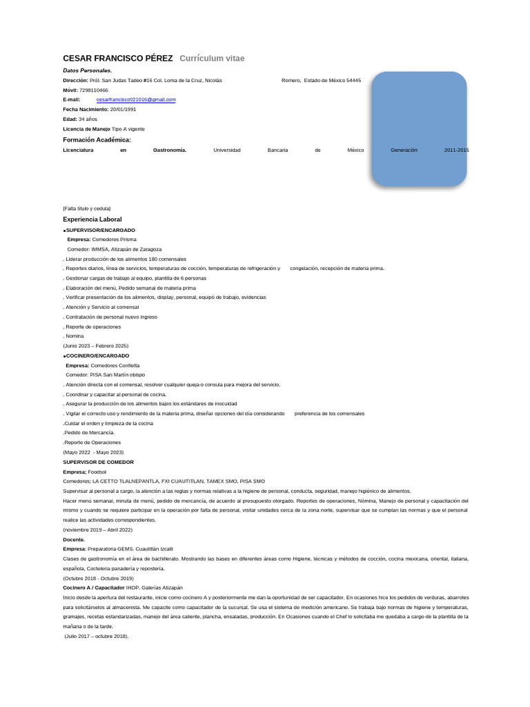 Curriculum Cesar Francisco Pérez | PDF | Preparación de comida y bebida