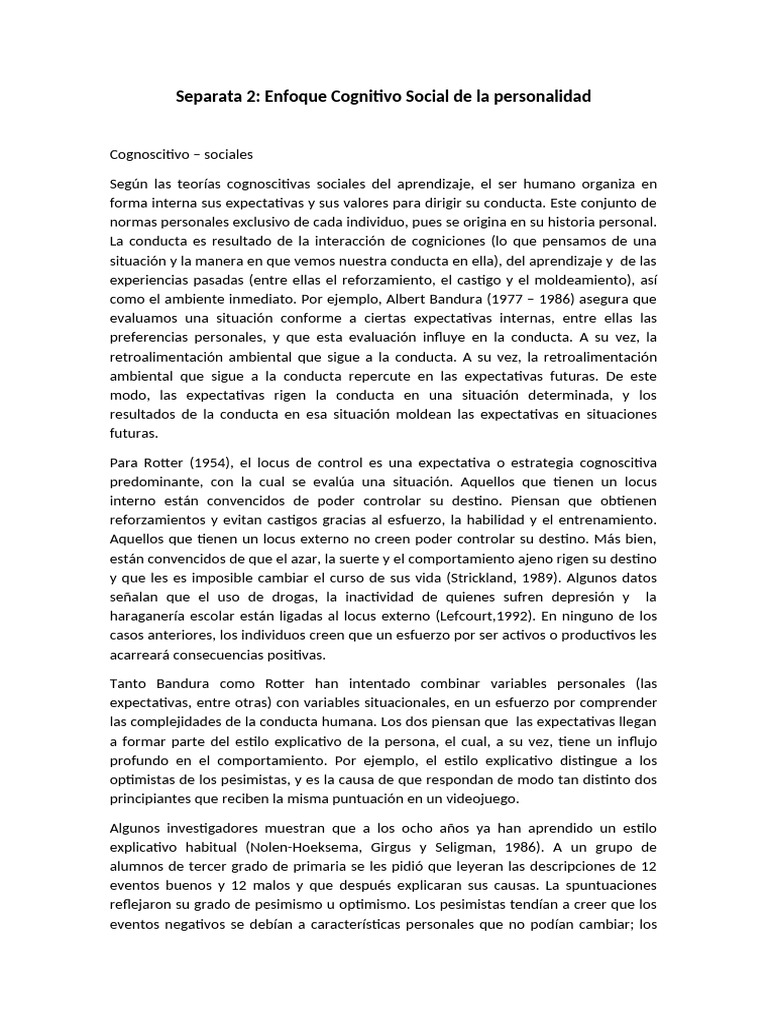Enfoque Cognitivo Social de la Personalidad | PDF | Comportamiento ...