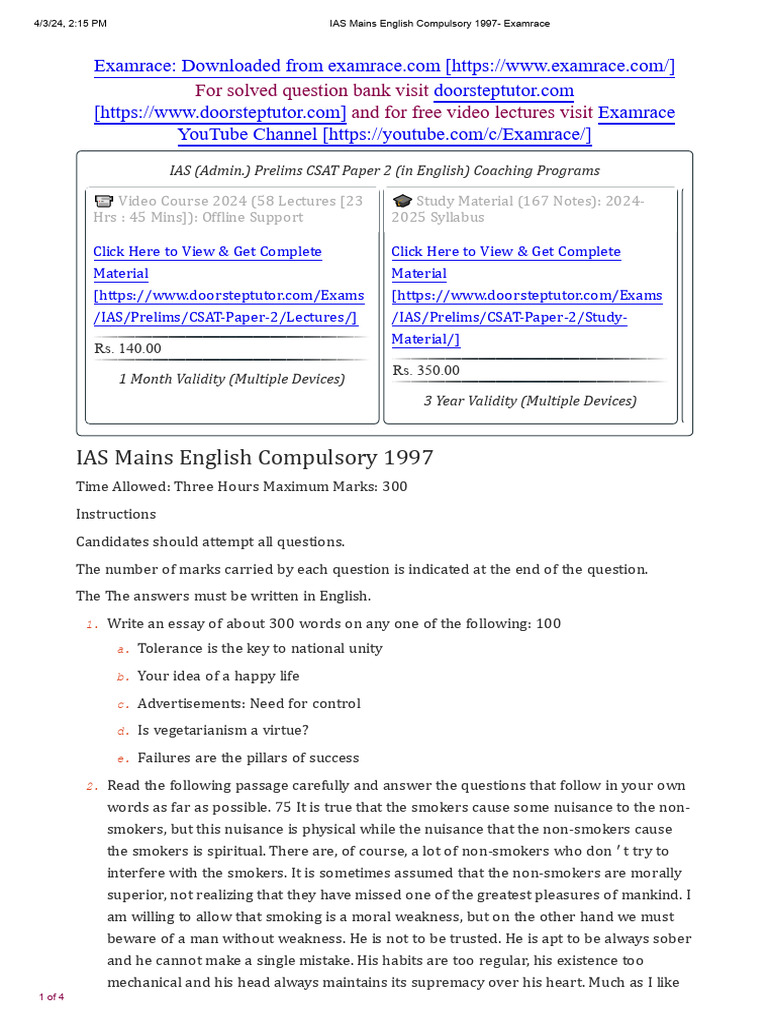 IAS Mains English Compulsory 1997 Exam | PDF