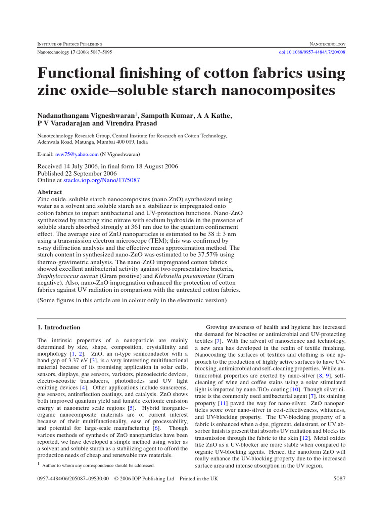 Functional Finishing of Cotton Fabrics Using Zinc Oxide-Solubile Starch ...