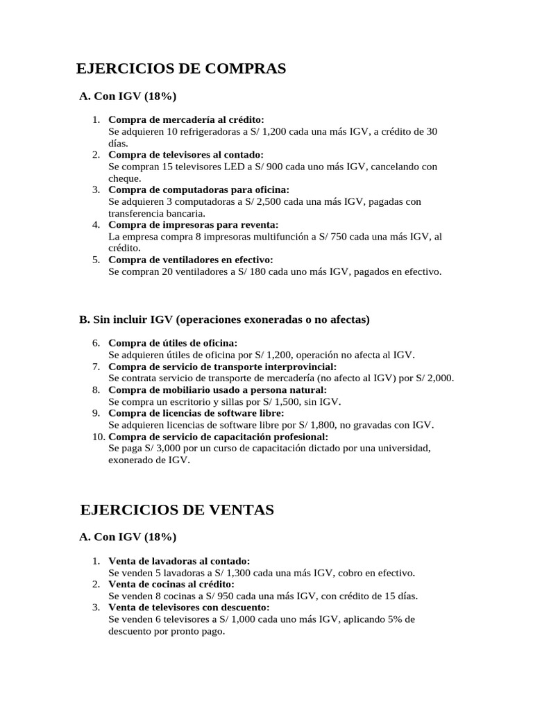 Ejercicios de Compras y Ventas con IGV | PDF