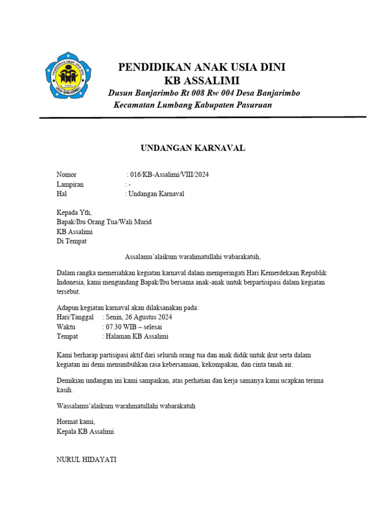 Undangan Karnaval KB Assalimi 2024 | PDF