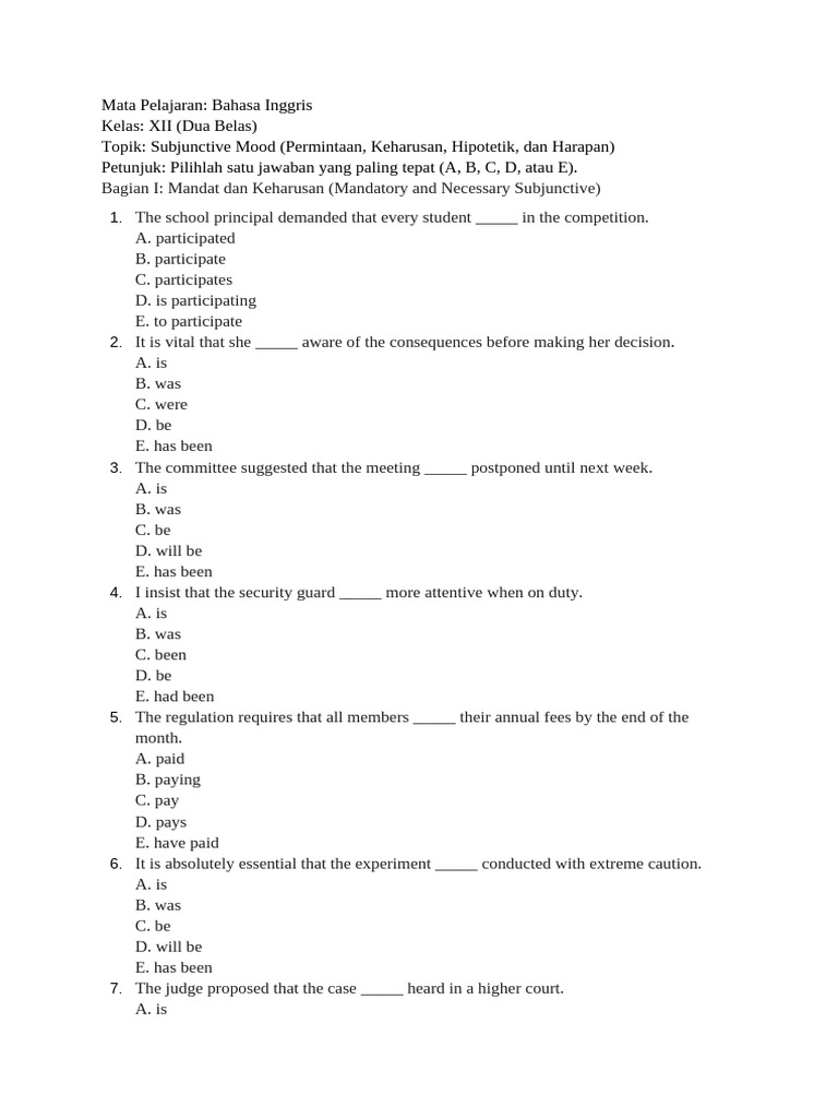 Subjunctive Mood Exercises for XII | PDF