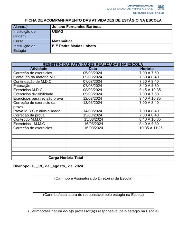 Ficha de Registro Das Atividades (Escola) 2024 | PDF