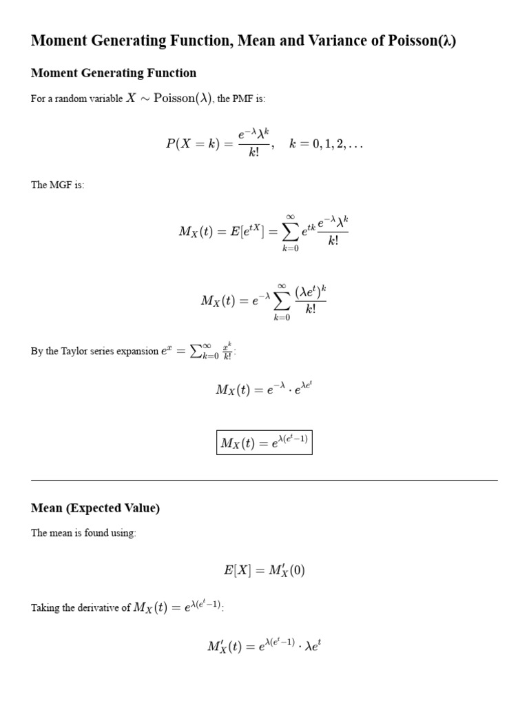 MGF, Mean and Variance of Poisson (λ) | PDF | Variance | Descriptive ...