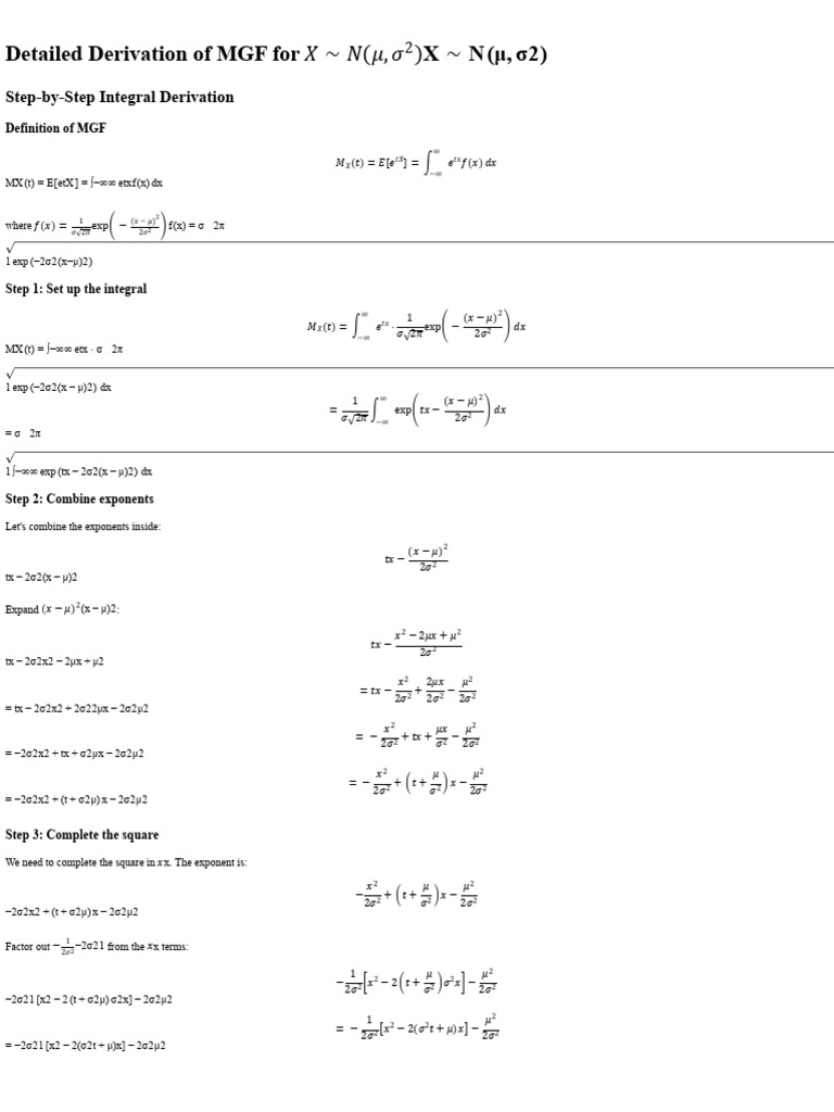 Detailed Derivation of MGF for N (μ,σ²) | PDF | Normal Distribution ...