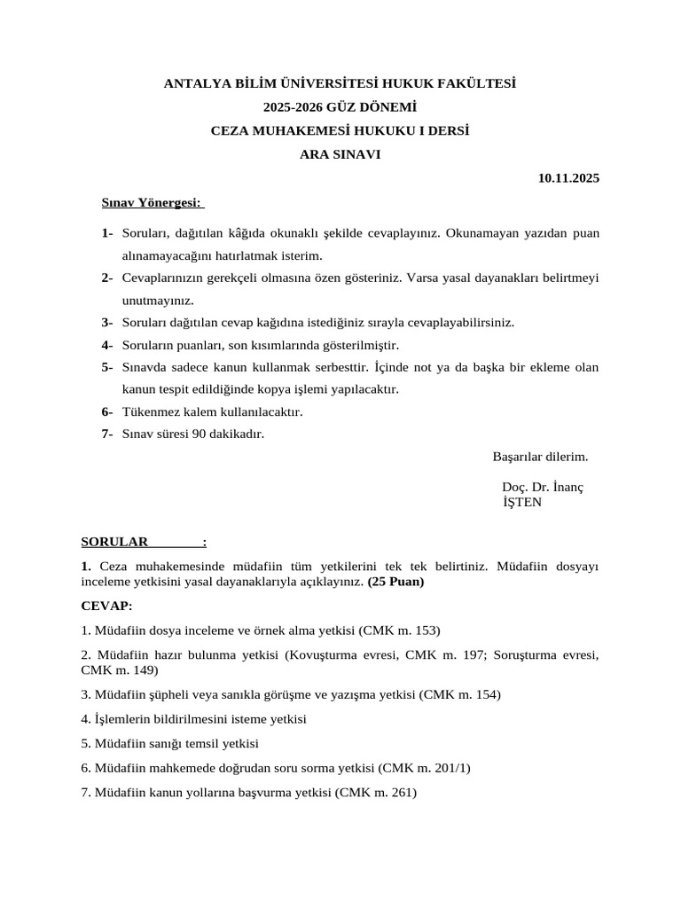 2025-2026 - Güz - CMK I Vize Sorular Ve Cevap Anahtarı | PDF