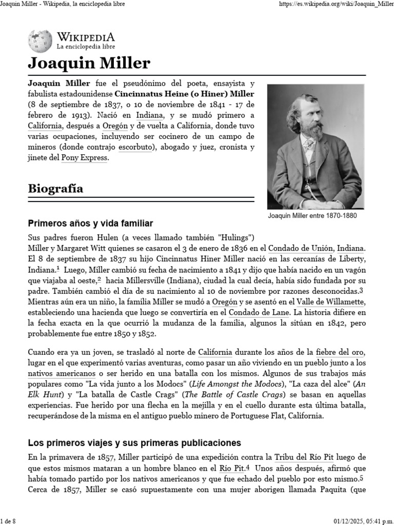 Biografía de Joaquin Miller, poeta estadounidense | PDF