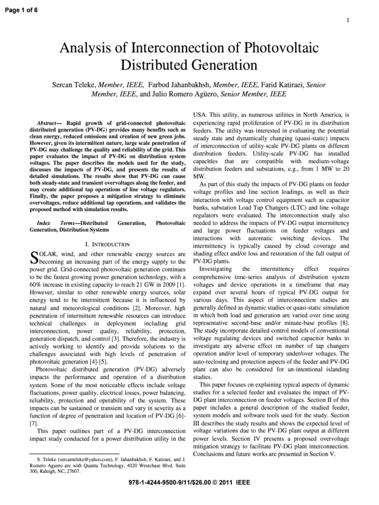 PV-DG Impact on Distribution Voltages | PDF | Distributed Generation ...