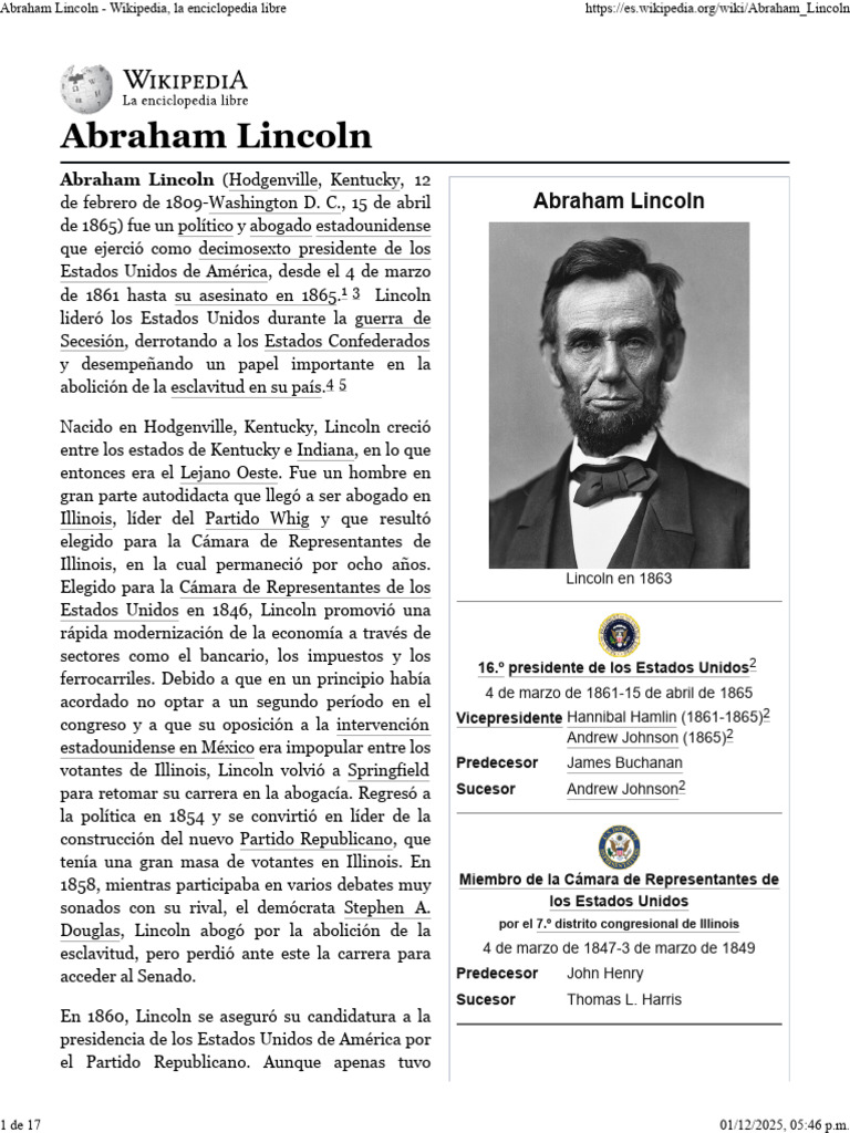 Abraham Lincoln - Wikipedia, La Enciclopedia Libre | PDF | Abraham ...