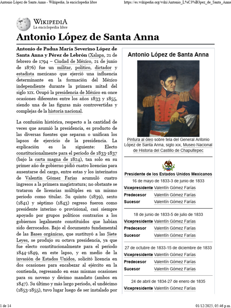 Antonio López de Santa Anna - Wikipedia, La Enciclopedia Libre | PDF ...