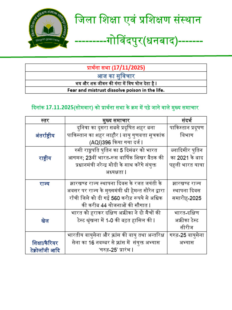 Morning Assembly Content 17-11-2025 | PDF