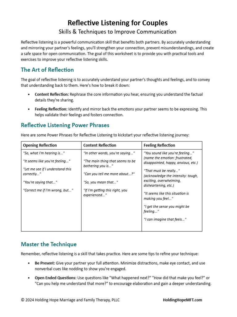 Reflective Listening Worksheet For Couples | PDF | Feeling | Emotions