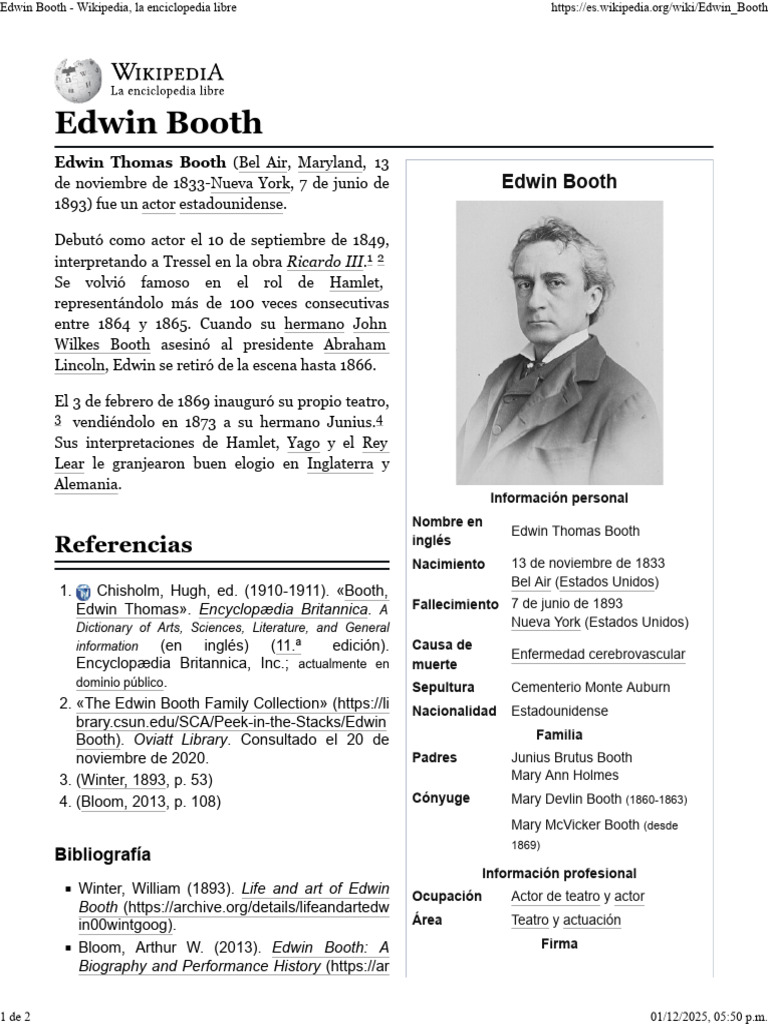 Edwin Booth - Wikipedia, La Enciclopedia Libre | PDF | Enciclopedias