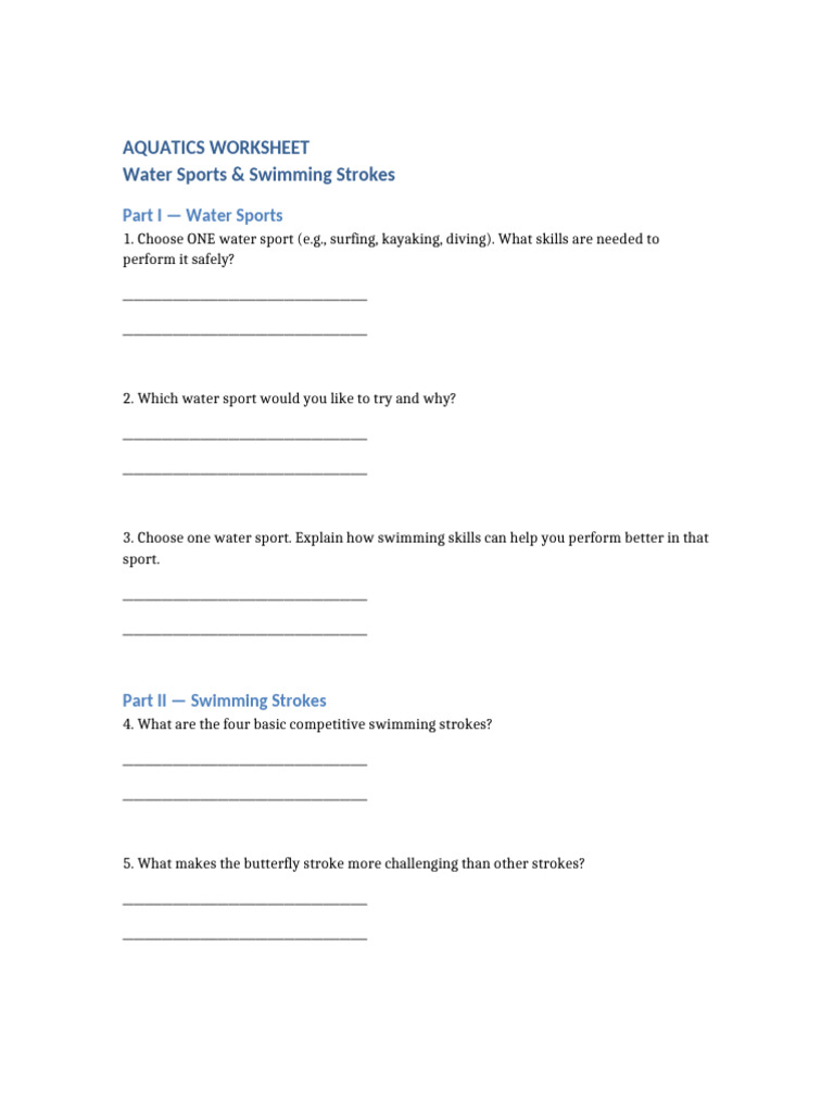 Aquatics Worksheet | PDF