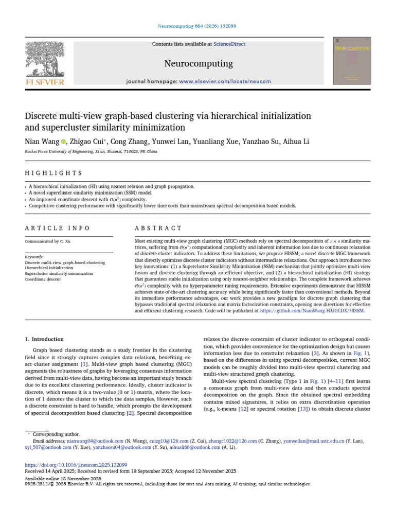 Discrete Multi-View Graph-Based Clustering Via Hierarchical Initialization and Supercluster ...