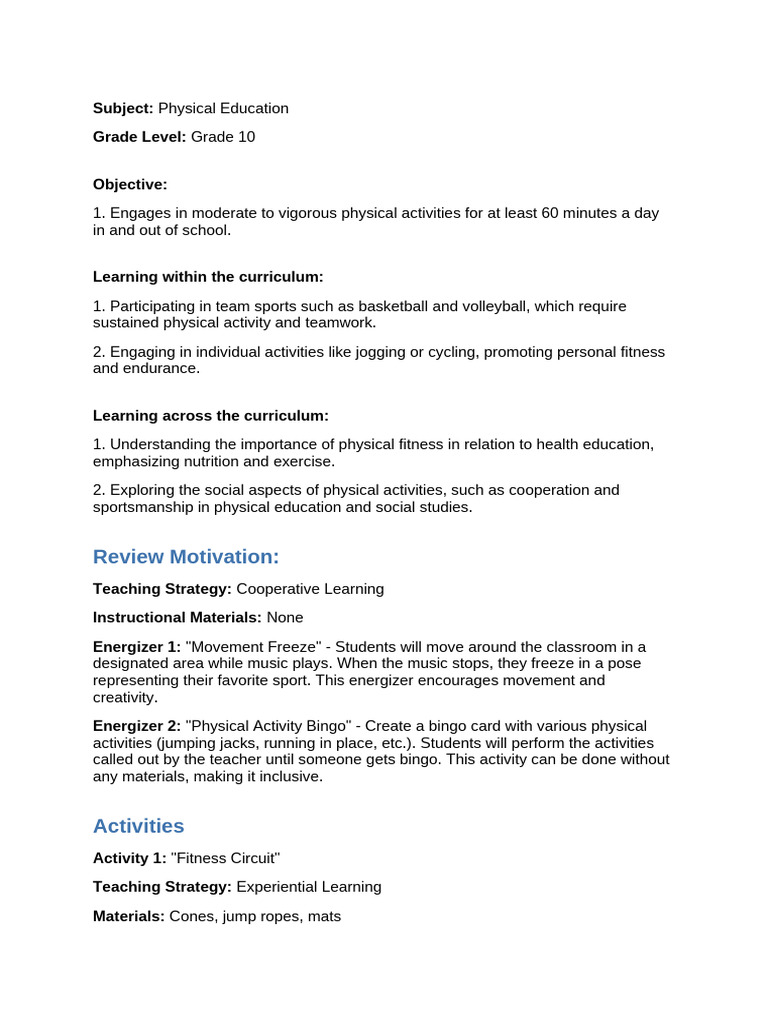 Lesson Plan (17) | PDF | Physical Fitness | Physical Education