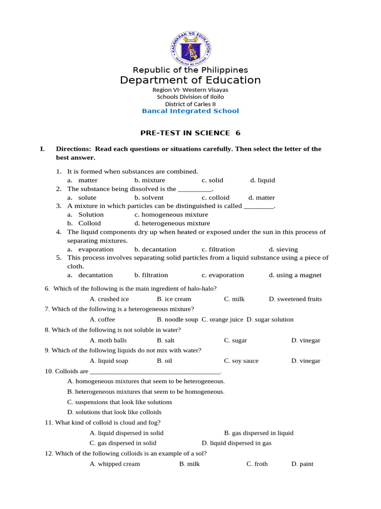 Science Pre-Test for Grade 6 Students | PDF | Mixture | Volcano