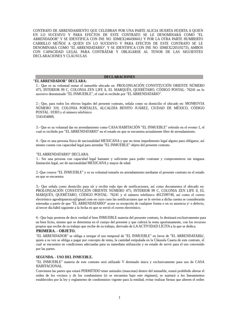 Contrato de Rrendamiento Zen Life Ii C 99alicia Huerta y Humberto ...
