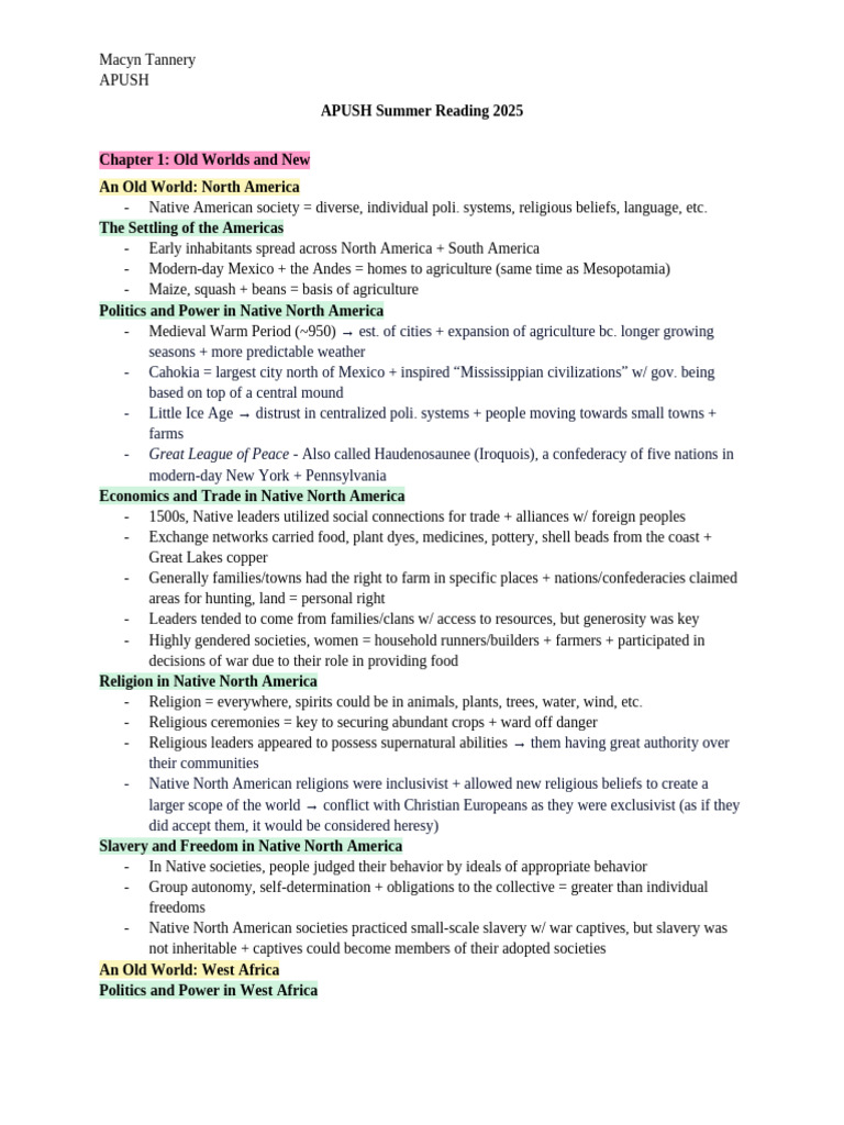 APUSH Summer Reading Notes | PDF | Slavery | Puritans