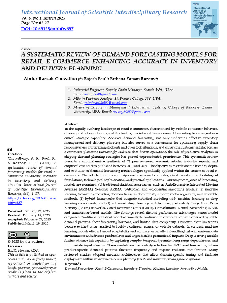 A Systematic Review of Demand Forecasting Models For | PDF | Forecasting | Machine Learning