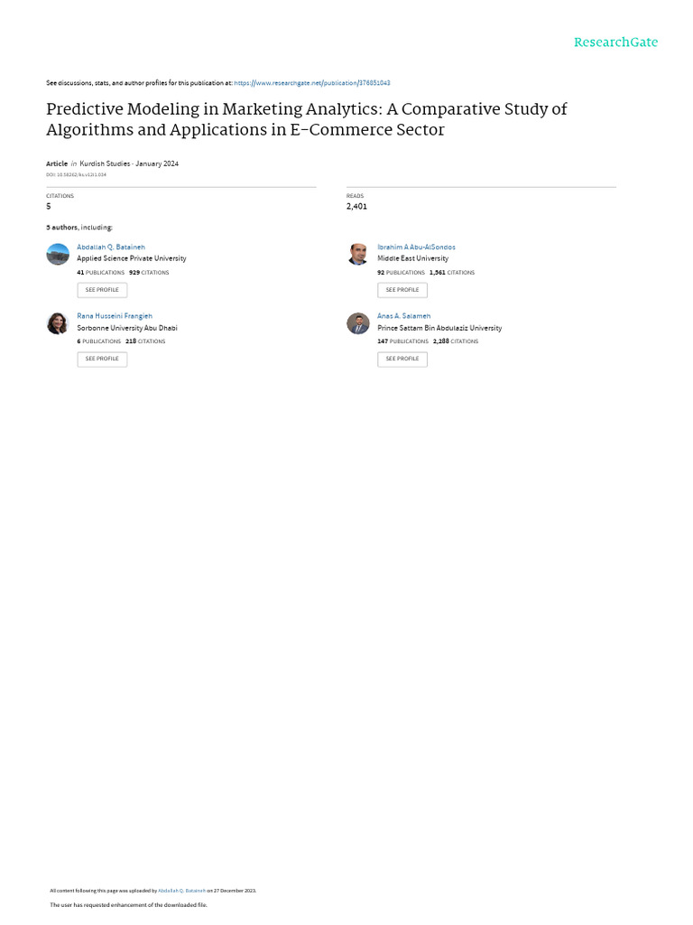 Predictive Modeling in Marketing Analytics a Comparative Study of ...