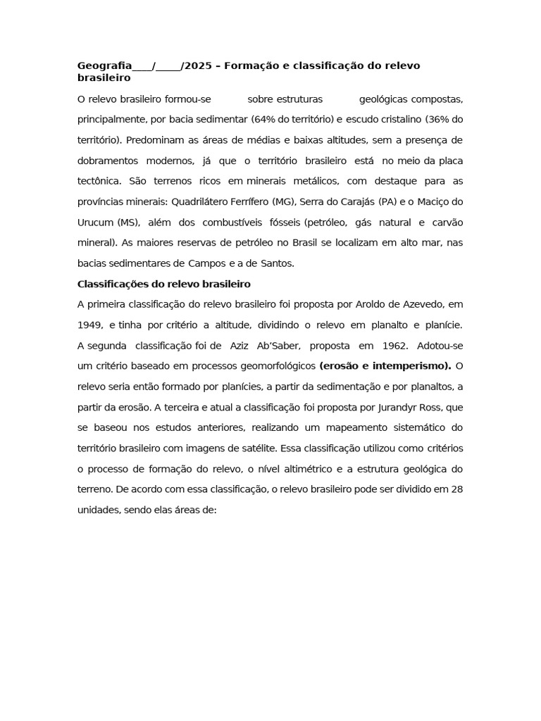 Formação e Classificação do Relevo Brasileiro | PDF | Terreno ...