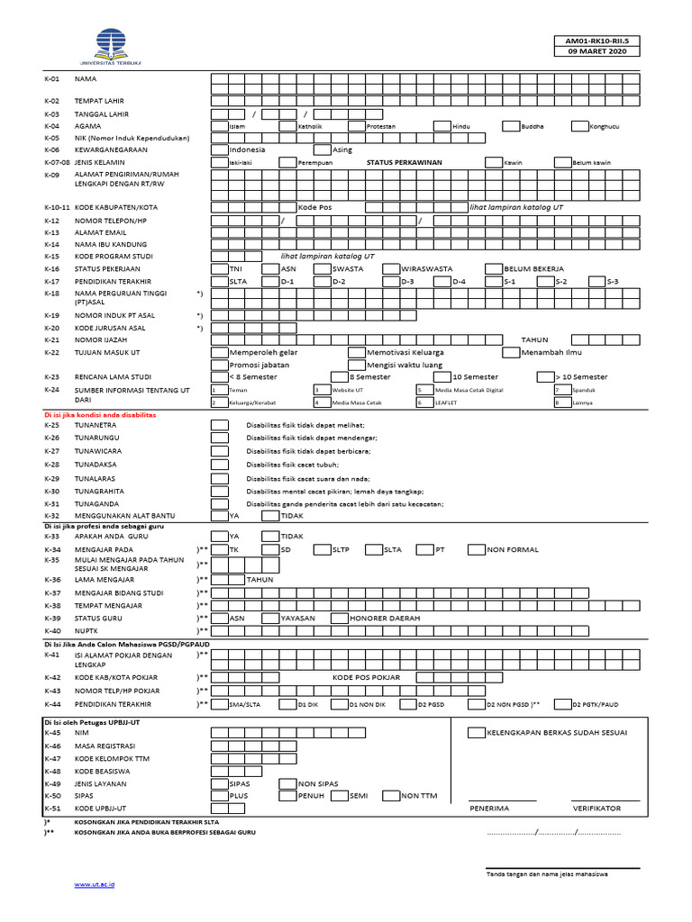Formulir Pendaftaran Mahasiswa UT | PDF