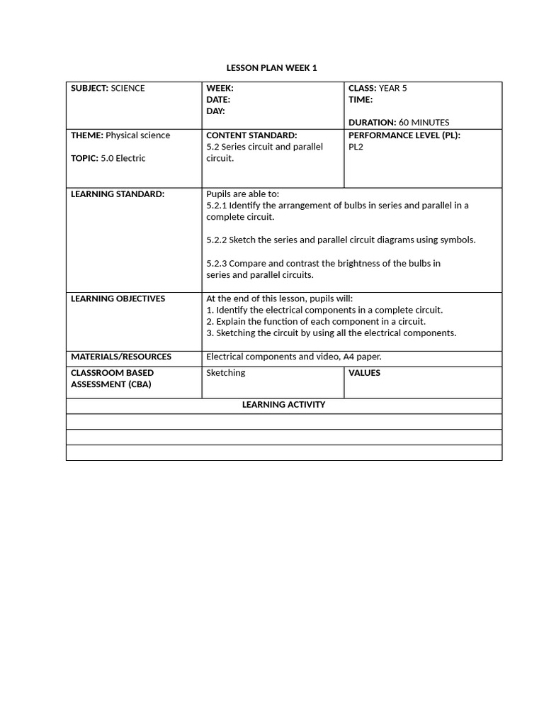 Lesson Plan Week 1 (Pbl) | PDF | Series And Parallel Circuits | Lesson Plan
