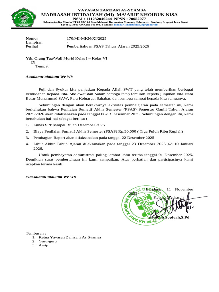 Pemberitahuan PSAS MI Ma'arif 2025/2026 | PDF