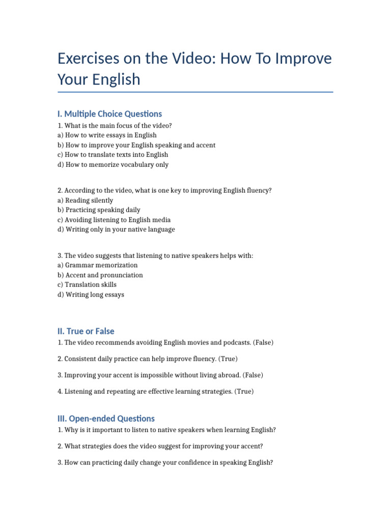 English Video Exercises | PDF