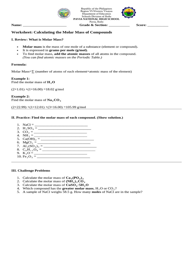 Molar Mass and Conversion Worksheets | PDF | Mole (Unit) | Chemistry