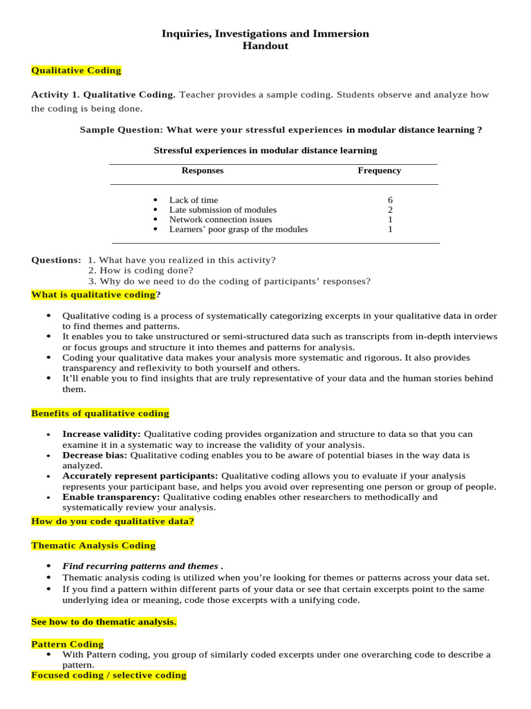 Handout Qualitative Coding | PDF | Qualitative Research | Research Methods