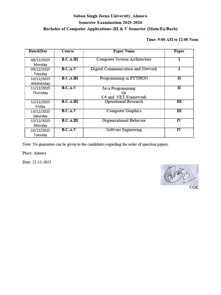 Date Sheet of Bca III & V Sem | PDF