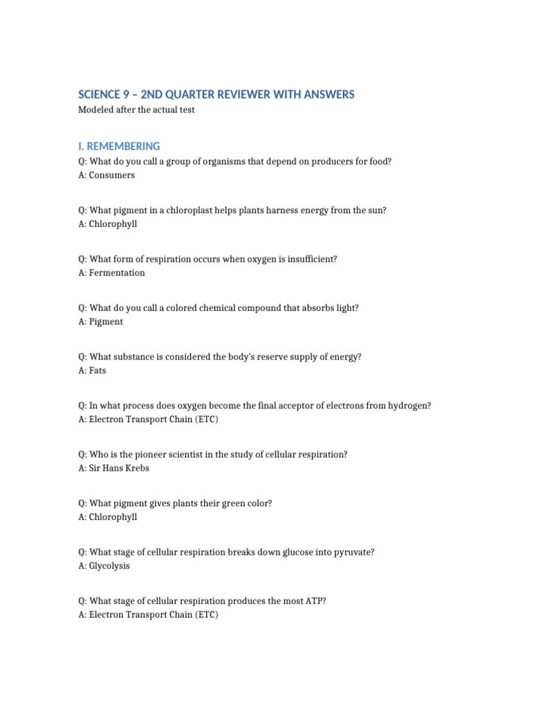 Science 9 2nd Quarter Reviewer Guide | PDF | Cellular Respiration ...