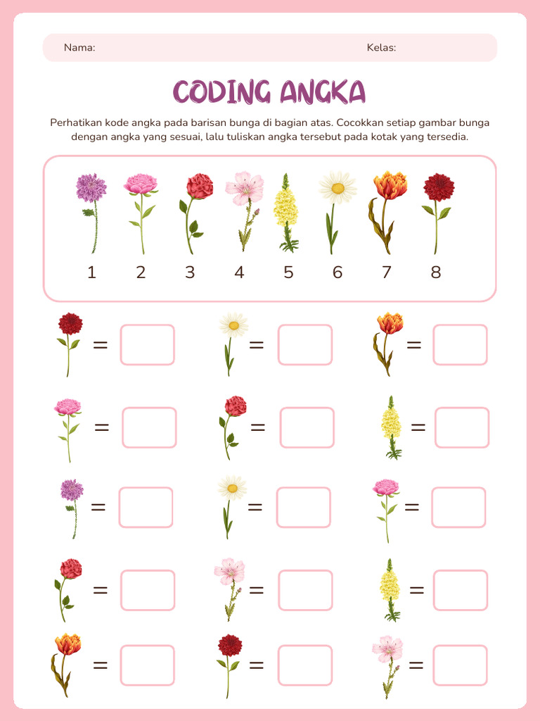 Lembar Kerja Coding Angka Dalam Gaya Ilustrasi Bunga Warna-Warni | PDF