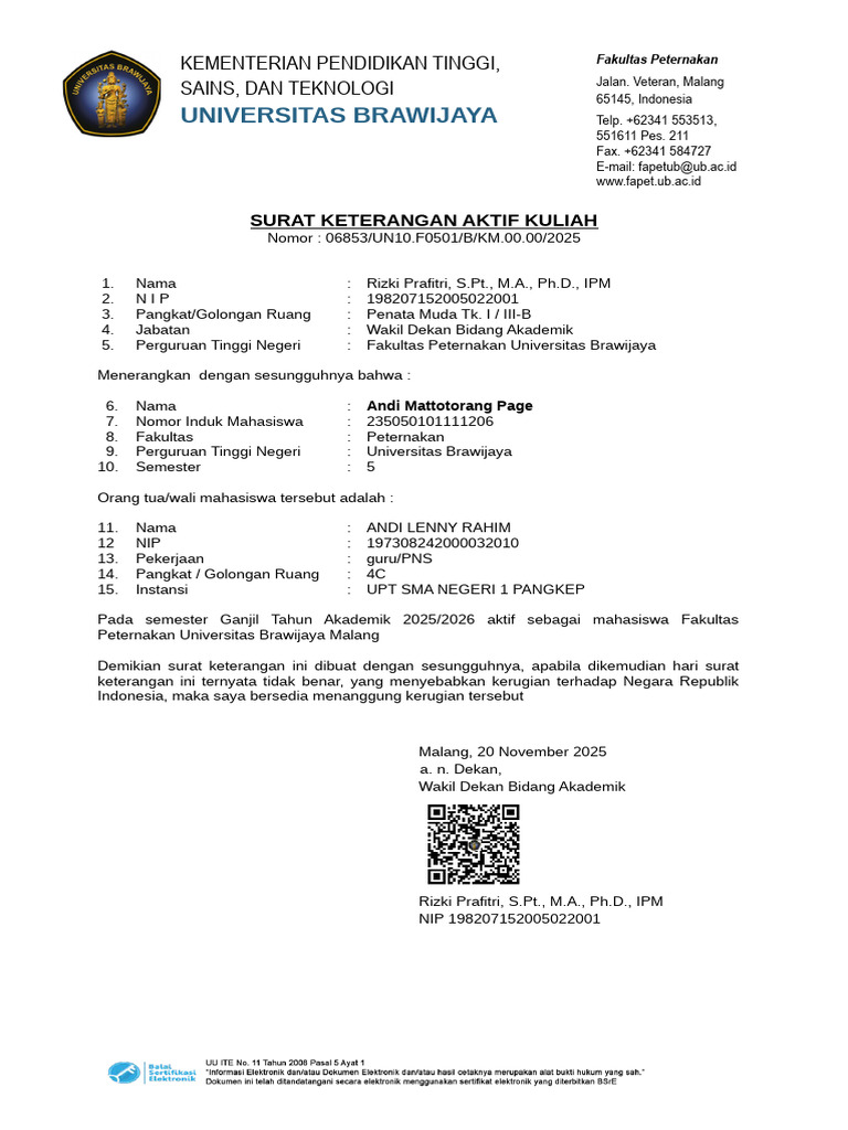 Surat Keterangan Aktif Kuliah UB 2025 | PDF