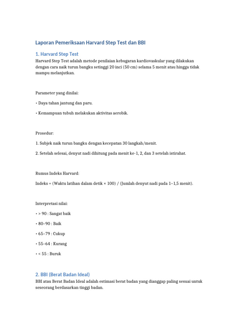 Penilaian Kebugaran: Harvard Step Test & BBI | PDF