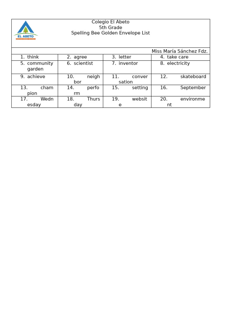 5th Spelling Bee List Golden Envelope | PDF