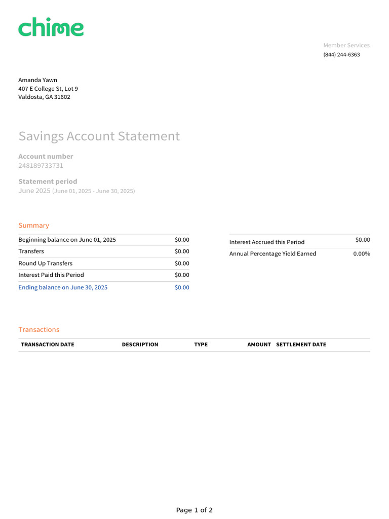 Amanda June Chime Savings Statement June 2025 | PDF