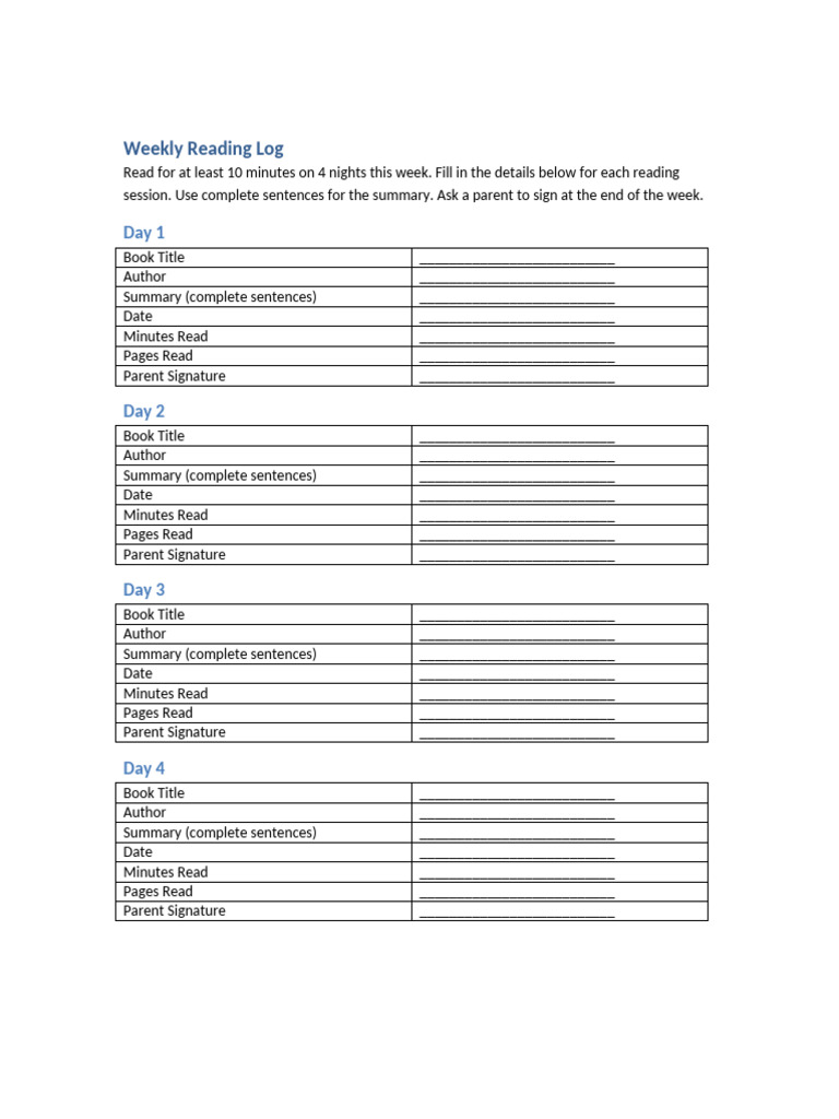 Weekly Reading Log Template | PDF