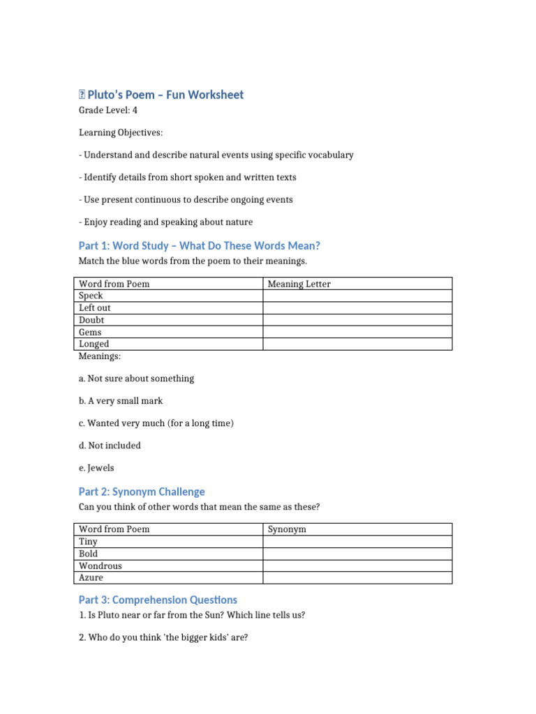 Pluto Poem Fun Worksheet | PDF